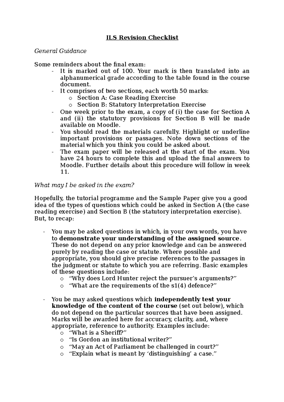 Revision Checklist - ILS Revision Checklist General Guidance Some ...