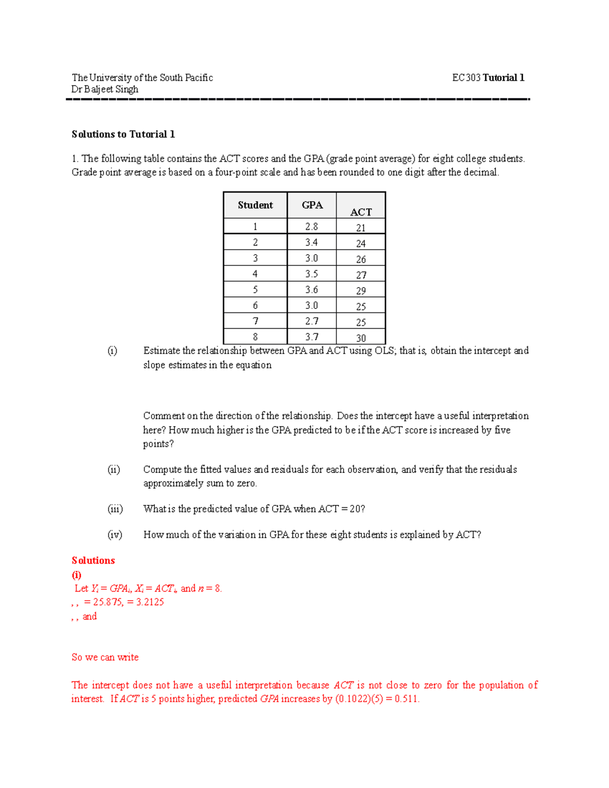 Tutorial 1 Simple linear regressions solutions (1) - The University of the South Pacific Dr ...