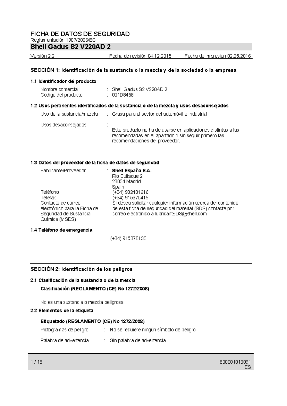 Gadus S2 V220 AD 2 ( Alvania HDX 2 - Retinax HDX 2) - 160502 ...