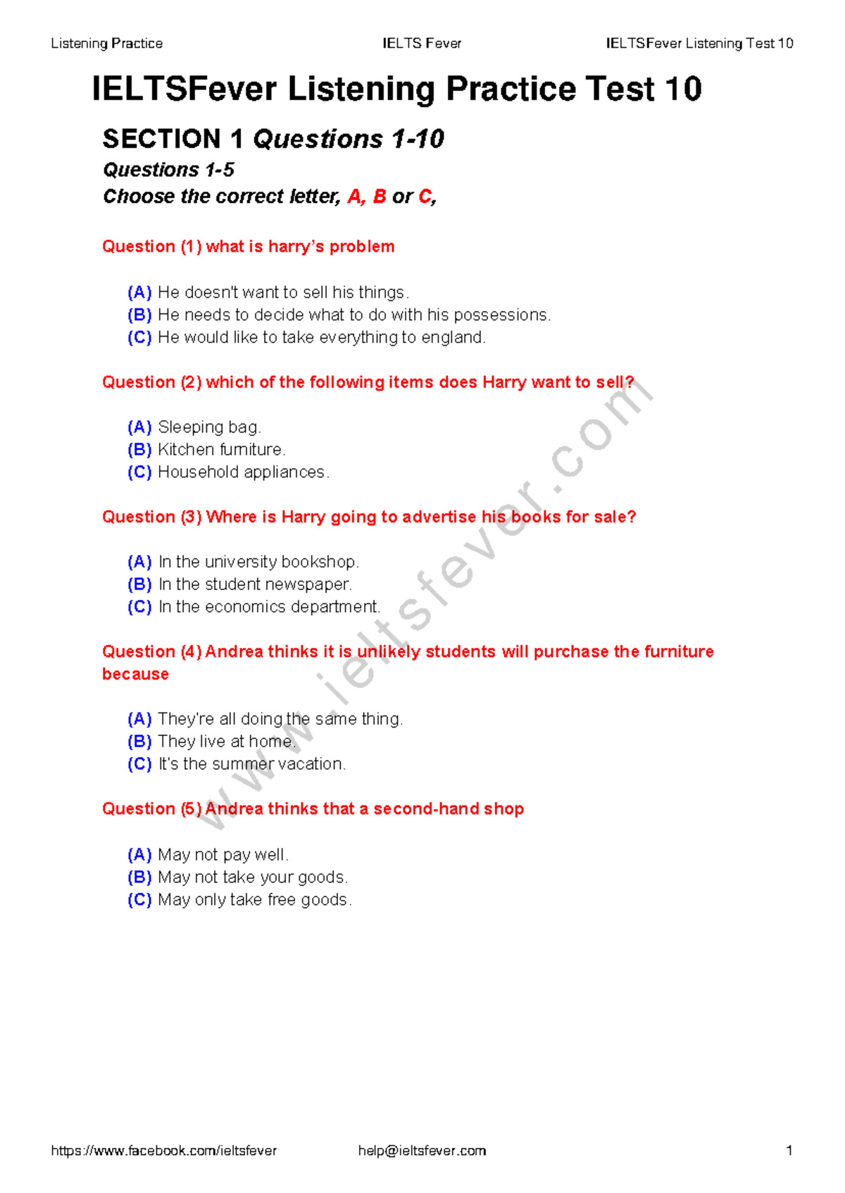 Ielts fever listening practice test 10 pdf - SECTION 1 Questions 1 ...