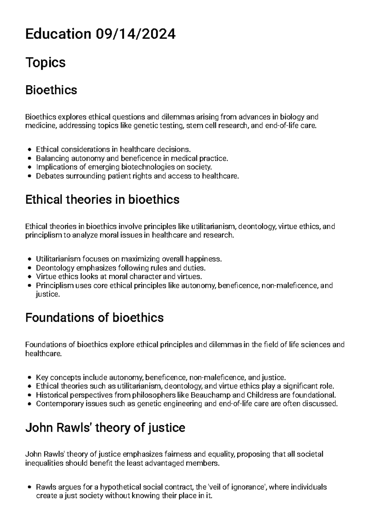 Education 09142024-Study Guide - Education 09/14/ Topics Bioethics ...
