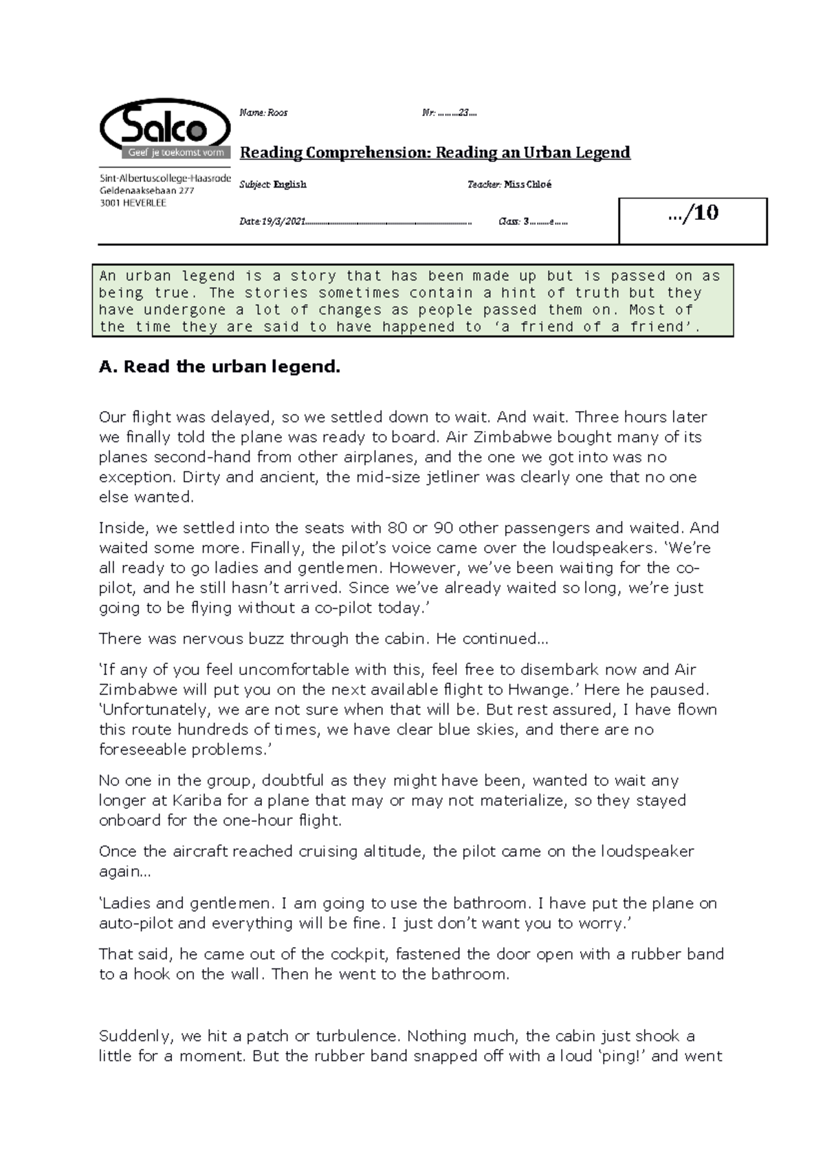 Reading Comprehension - Urban legend - Name: Roos Nr ...