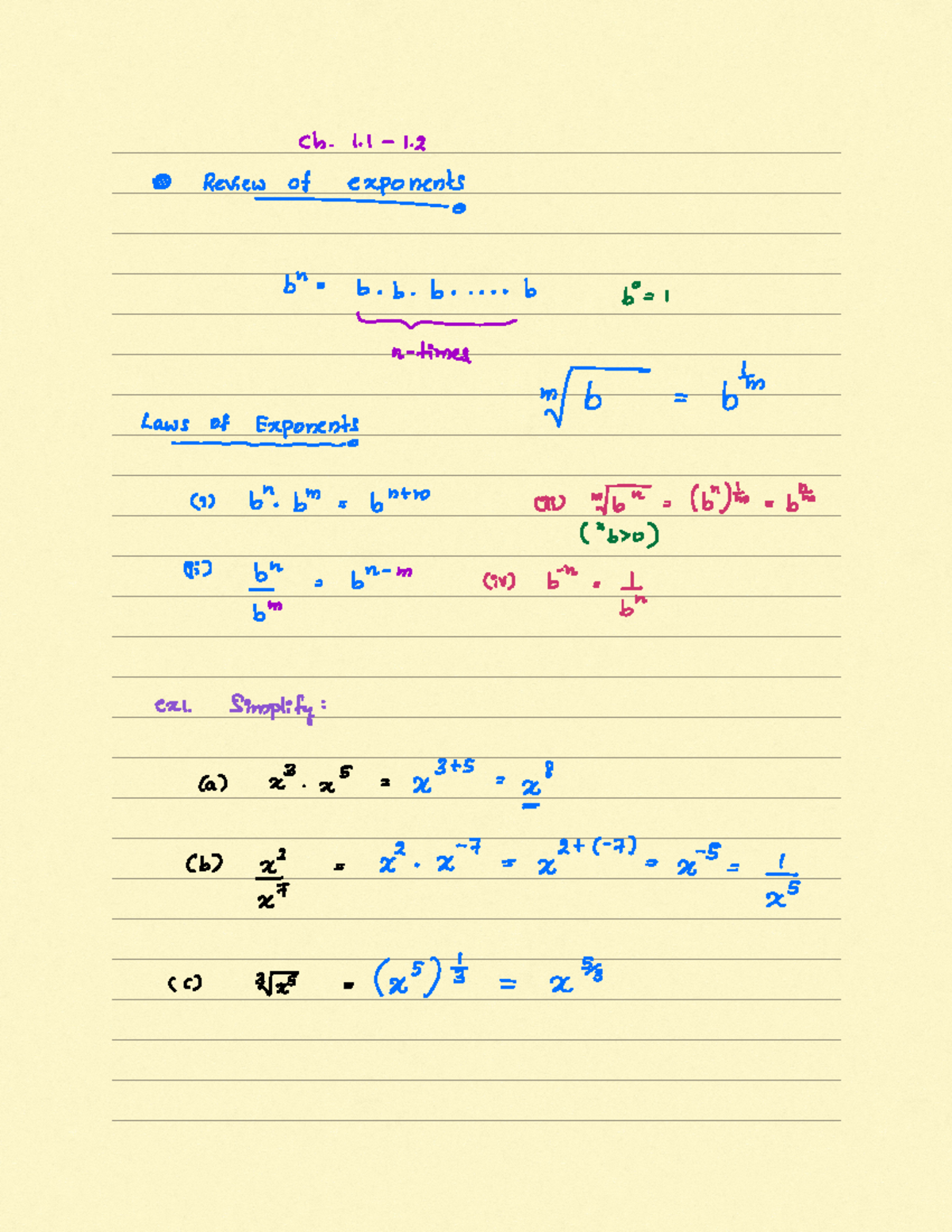 August 25 - CALCULUS 1 NOTES - Cb 1 I 1. Review of exponents b s b b b ...