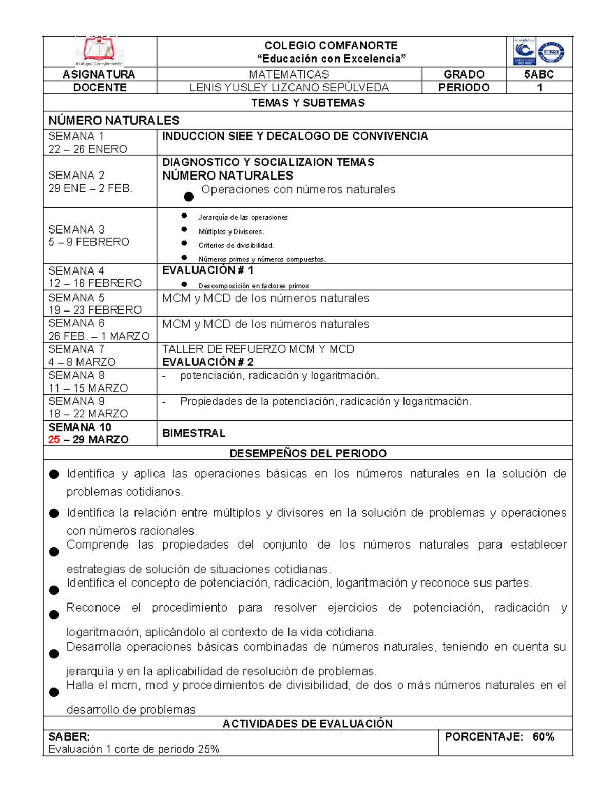 5ABC - ok ok - COLEGIO COMFANORTE “Educación con Excelencia” ASIGNATURA ...