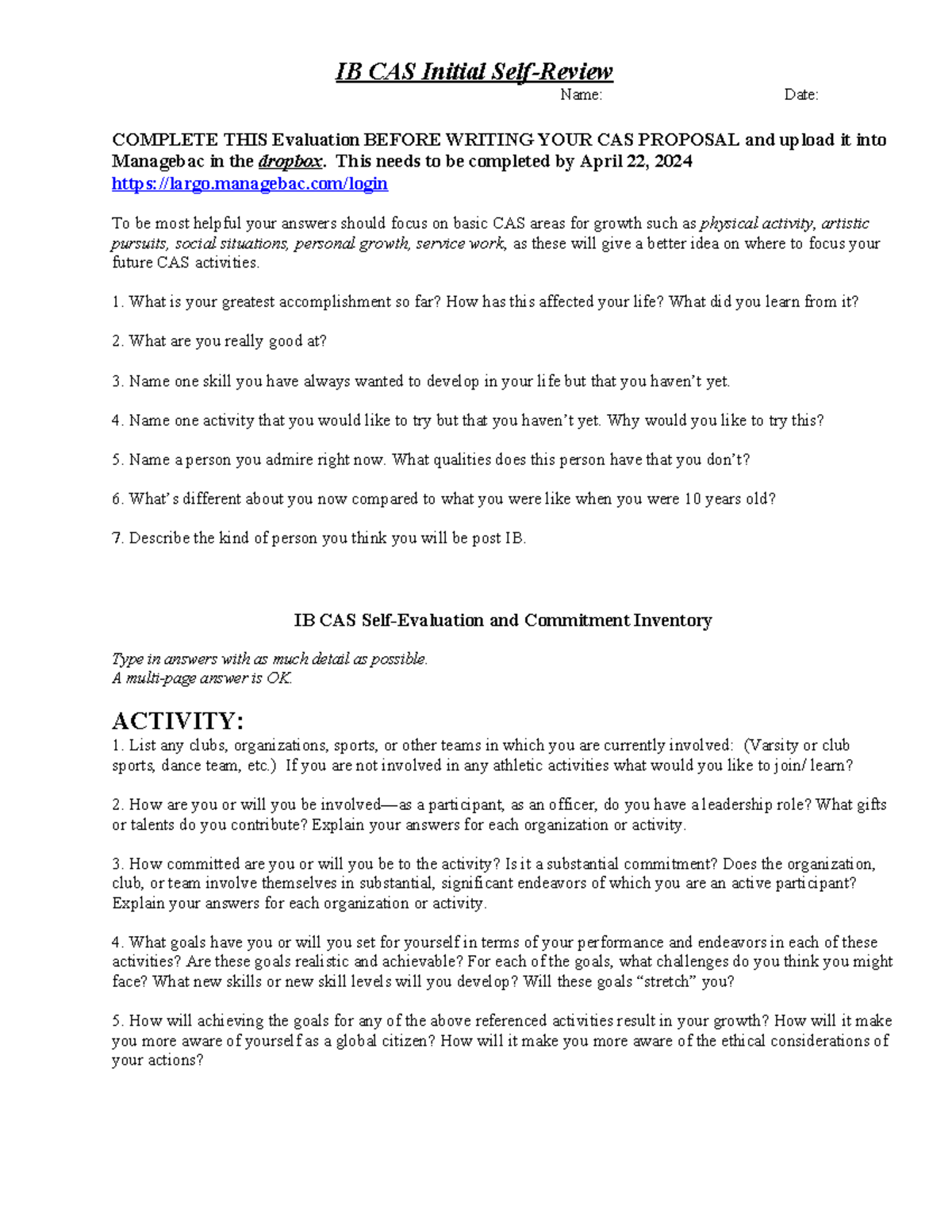 IB CAS Initial Self Review - IB CAS Initial Self-Review Name: Date ...