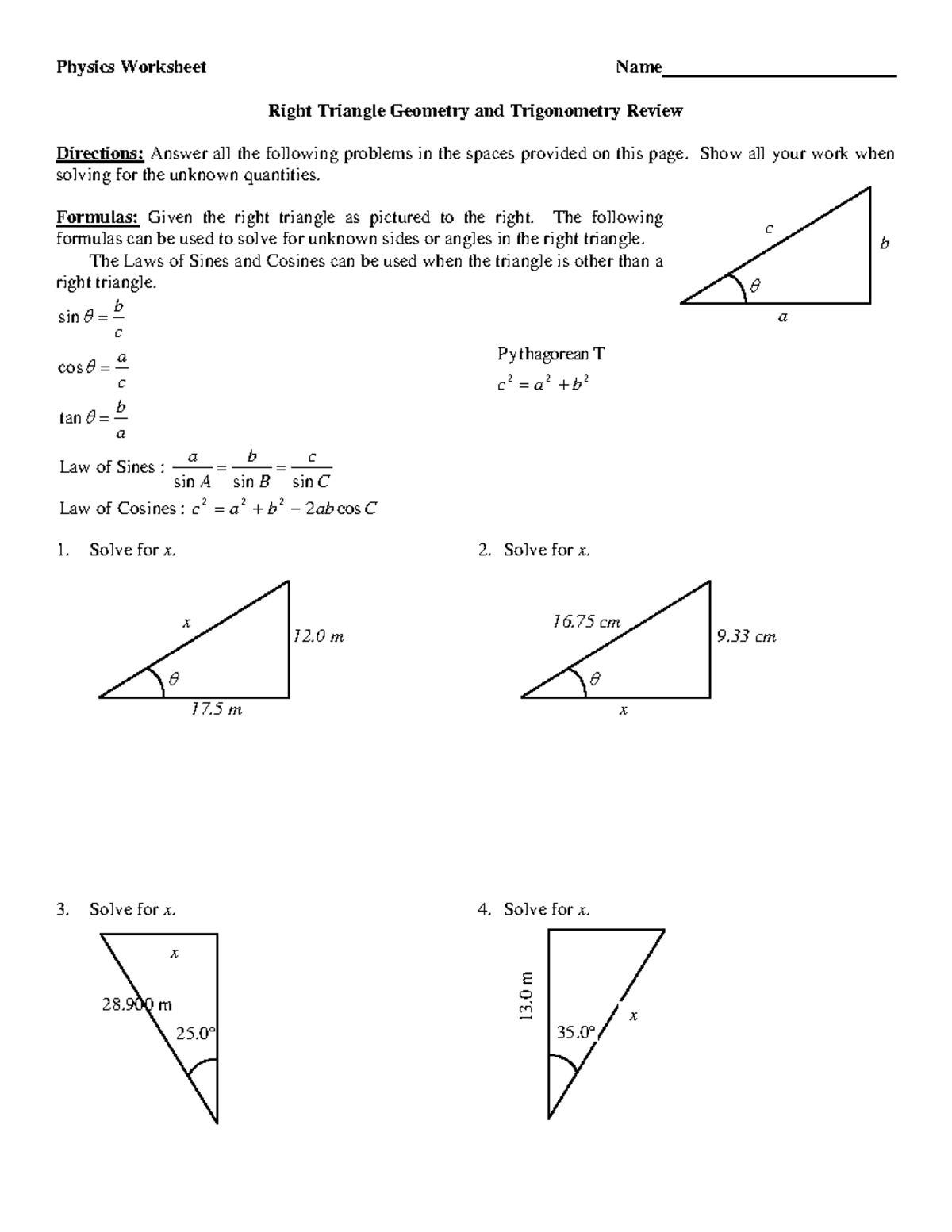 Trig and Triangle Review - Physics Worksheet Name Right Triangle ...