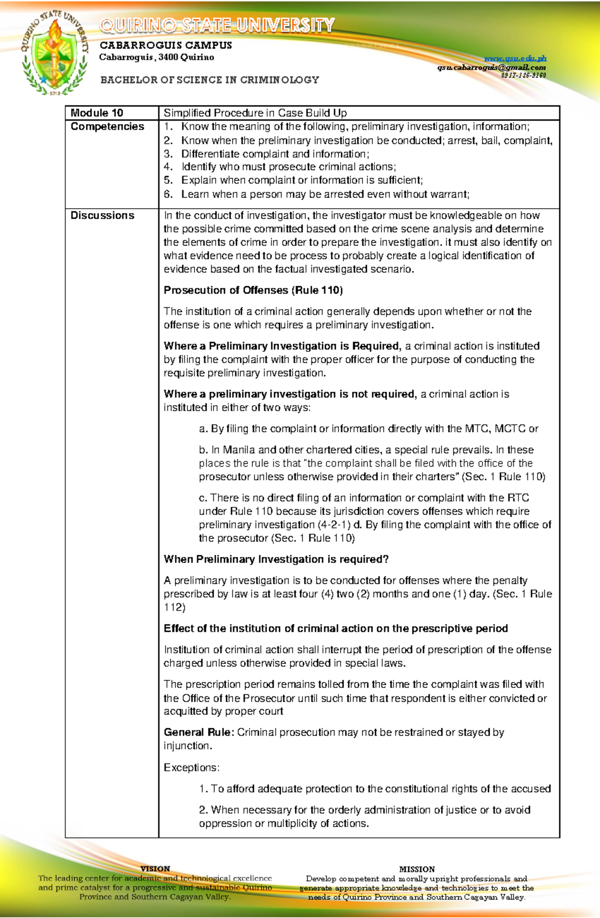 CDI 3 Module 10 tro at n six - BACHELOR OF SCIENCE IN CRIMINOLOGY qsu ...