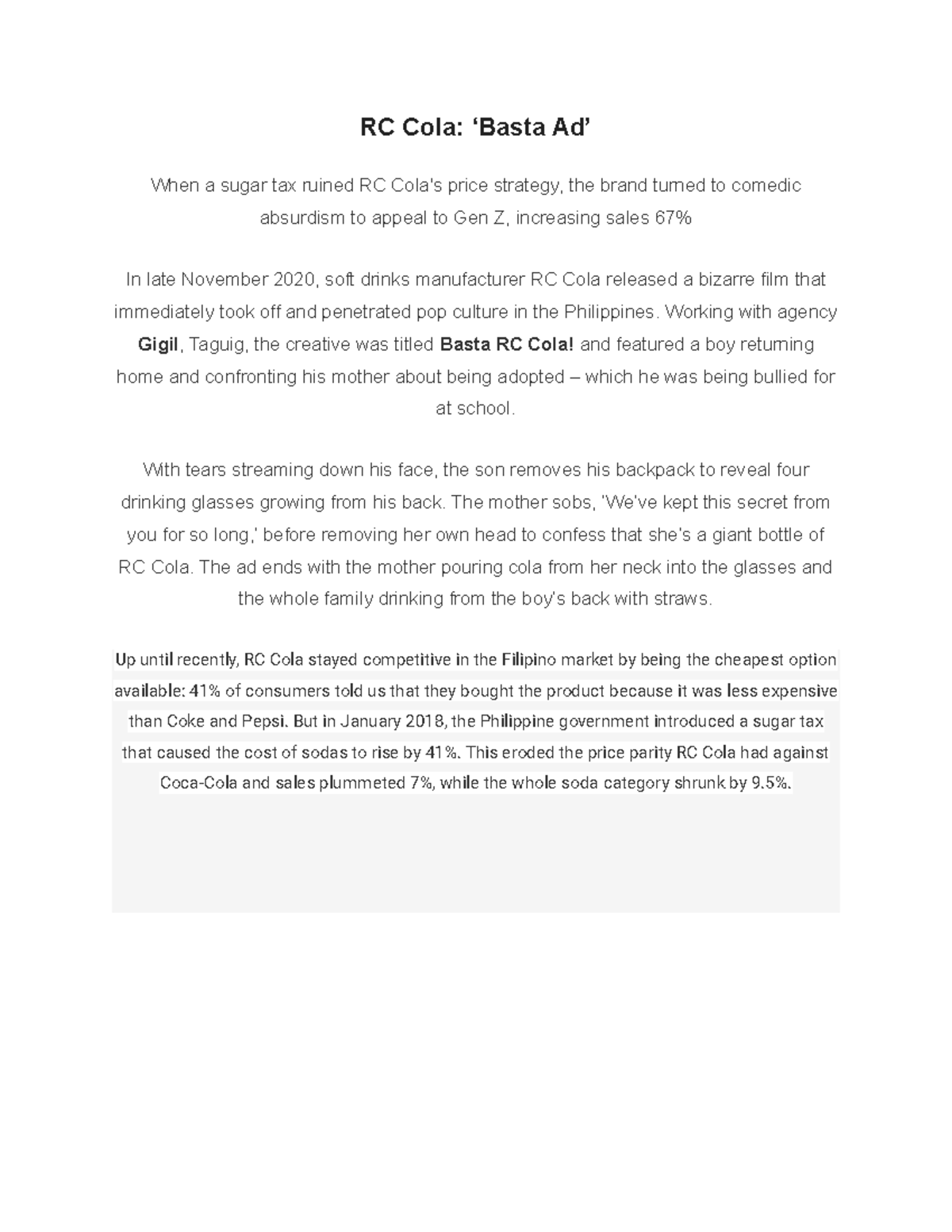 IMC Case Study 2 - RC Cola: ‘Basta Ad’ When a sugar tax ruined RC Cola ...