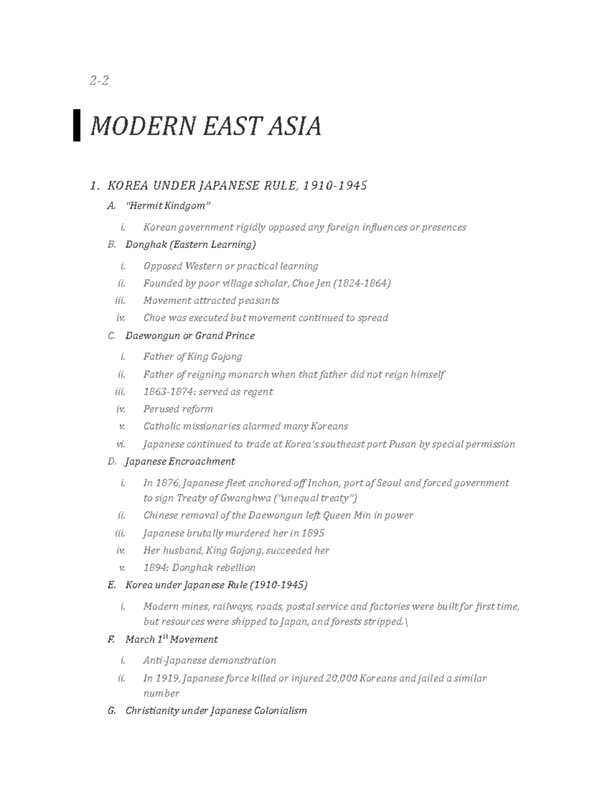 Modern East Asia Notes 2-2 - 2- MODERN EAST ASIA 1. KOREA UNDER ...
