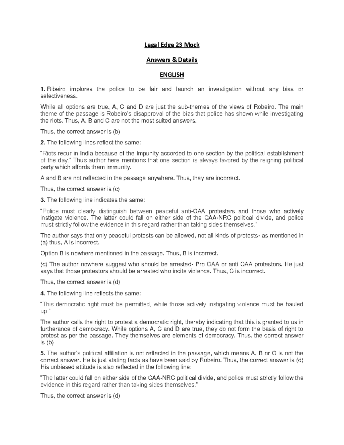 2021 LE Mock 23 Key & Explanation @CLAT Exam - Legal Edge 23 Mock ...