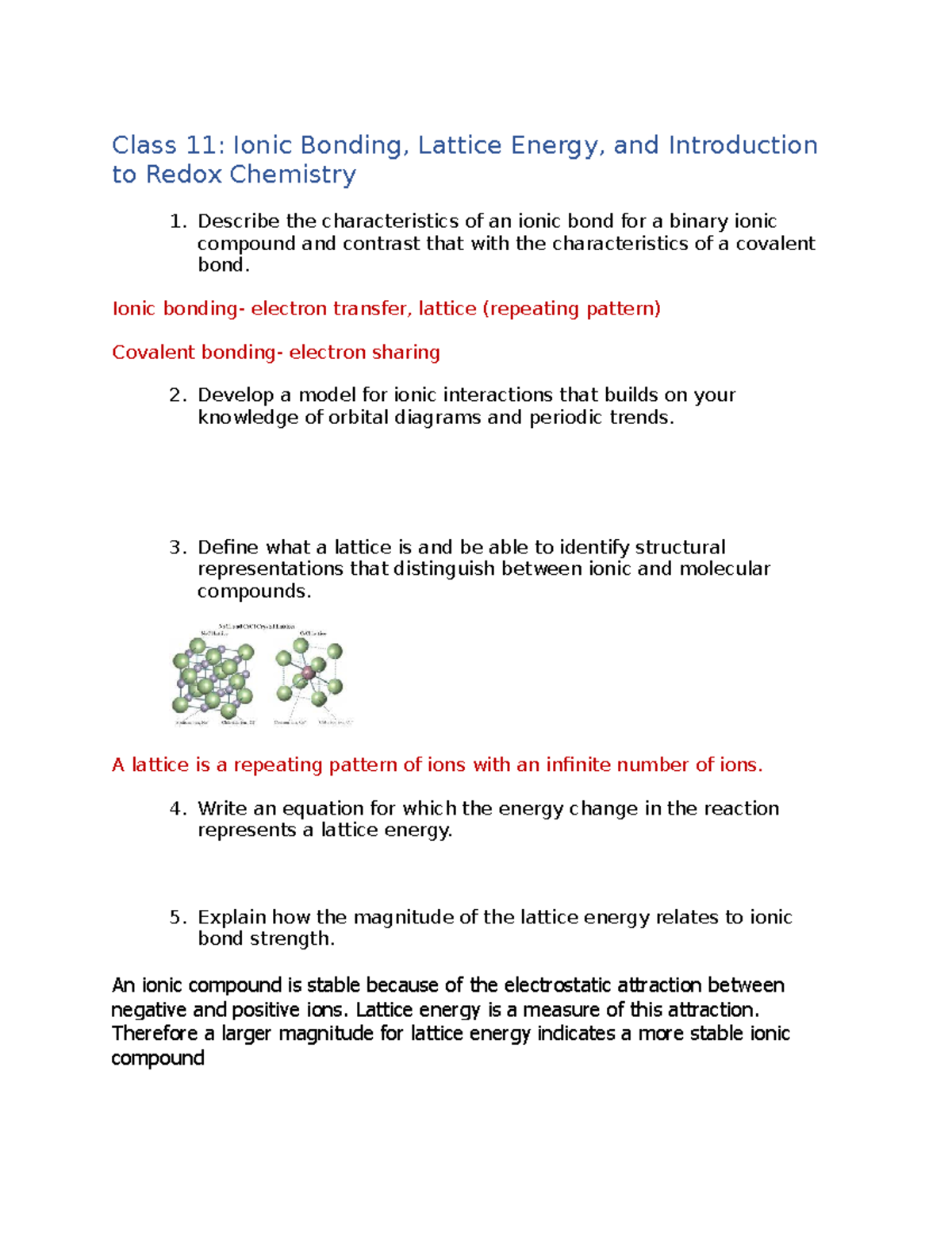 Chem 150 exam 2 topics - Class 11: Ionic Bonding, Lattice Energy, and ...