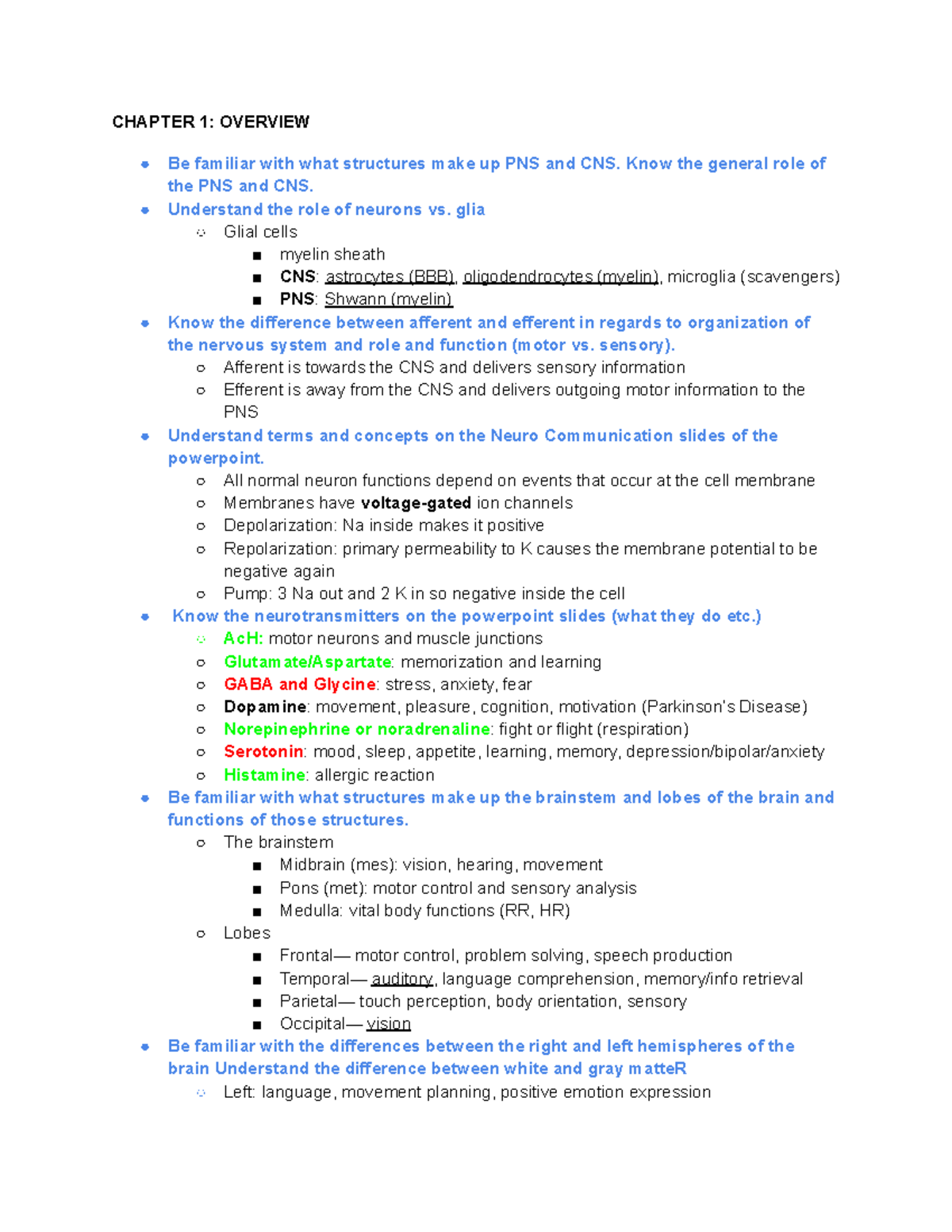 Neuro study guide - Lecture notes for the first exam - CHAPTER 1 ...