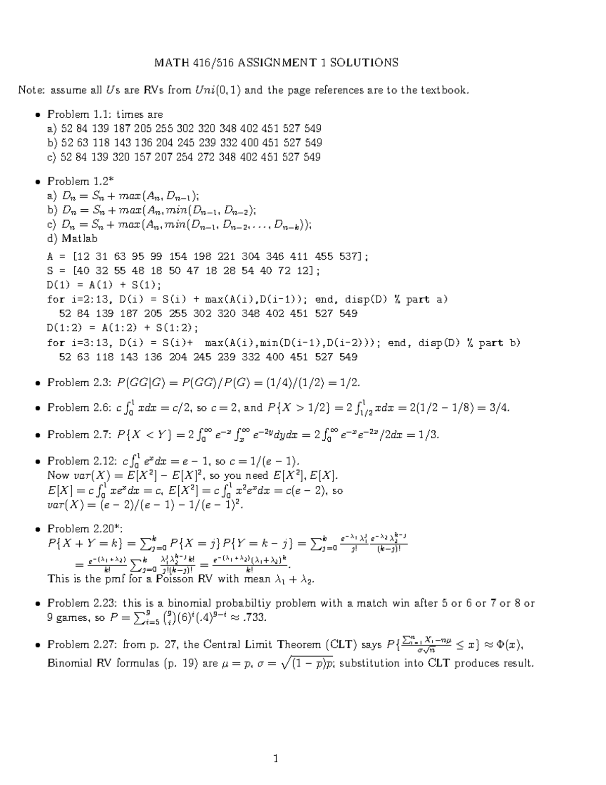 Seminar assignments - Homework 1 solutions - MATH 416/516 ASSIGNMENT 1 ...