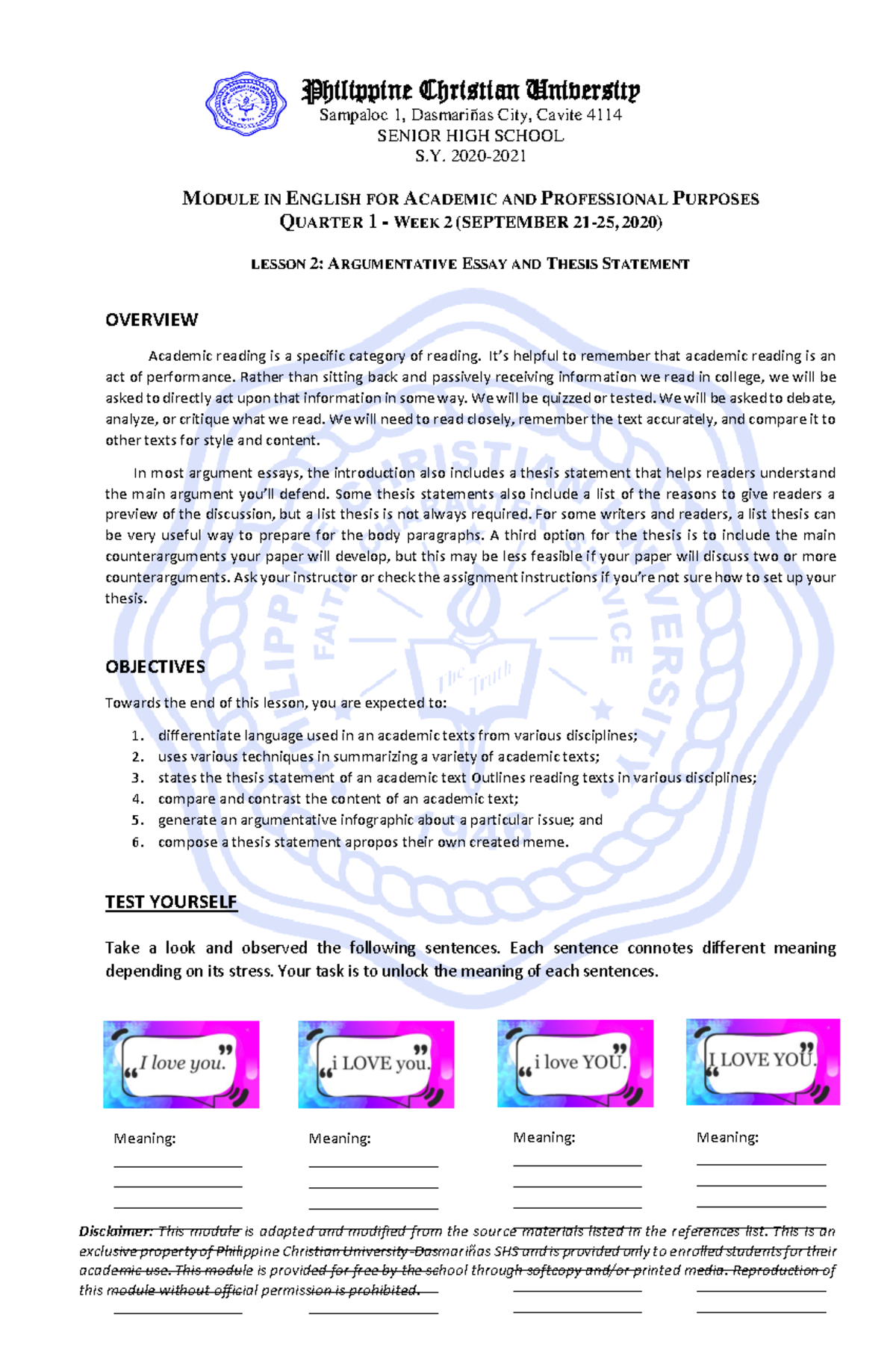 EAPP Module Week 2 - abc - Disclaimer: This module is adapted and ...
