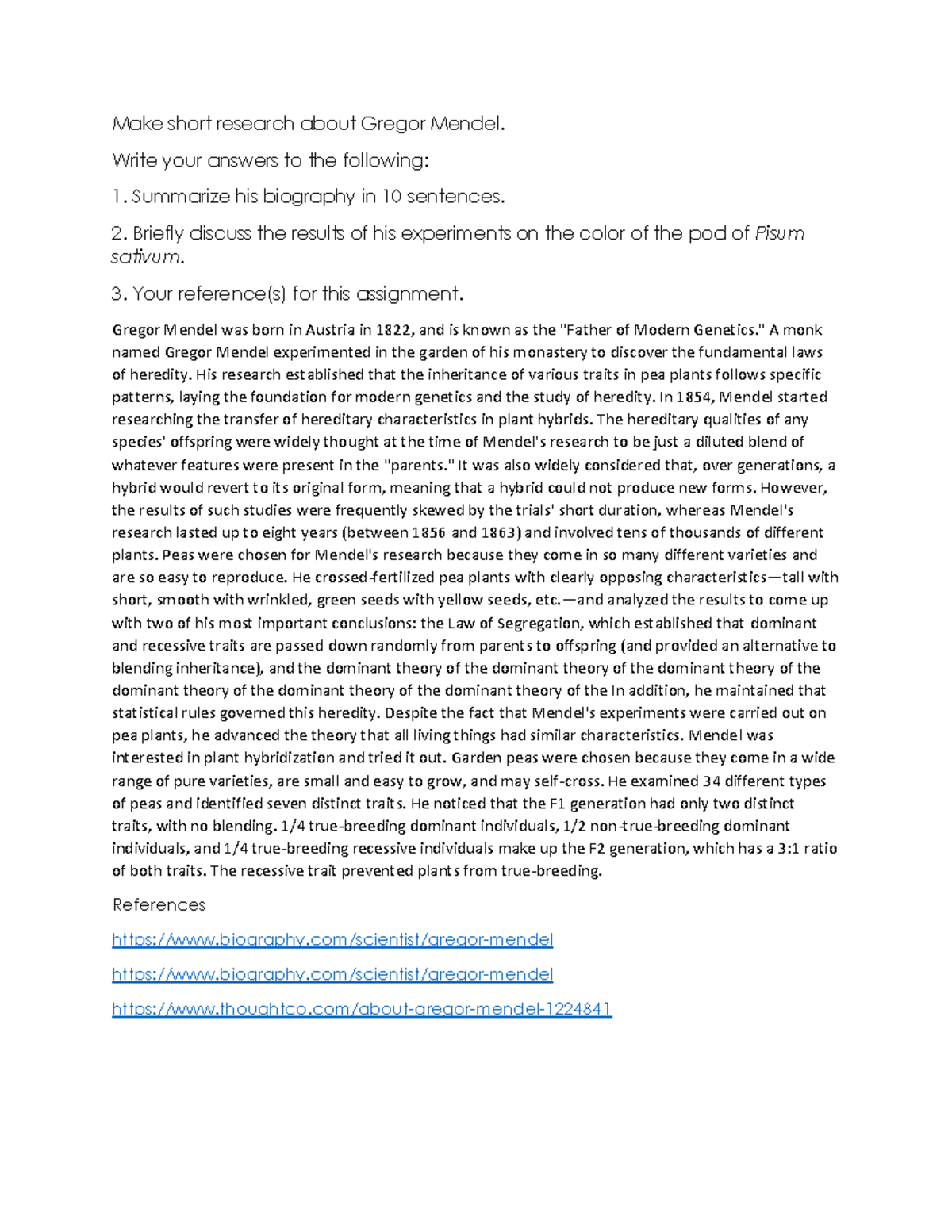 The Father of Genetics - Make short research about Gregor Mendel. Write ...