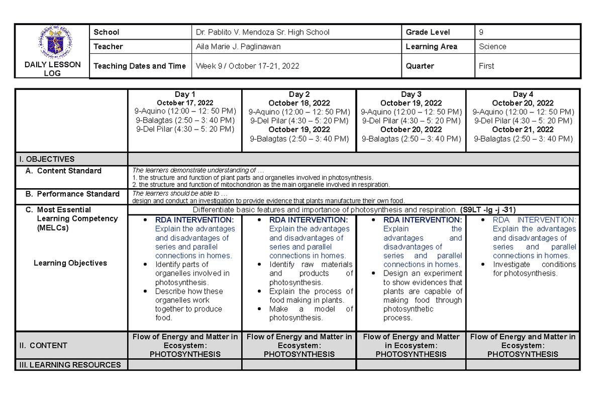 DLL Science 9 W9 - DAILY LESSON LOG School Dr. Pablito V. Mendoza Sr ...