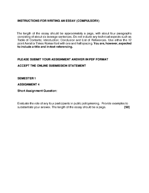 Assignment 4 - ASSIGNMENT 4: Short essay No. Unique number Due dates ...