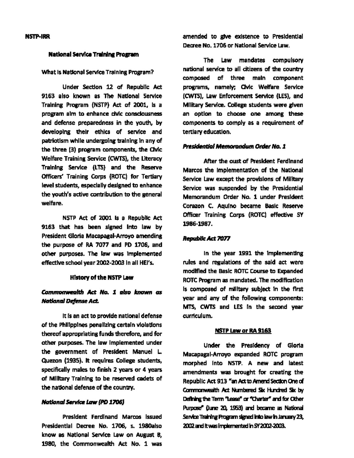 NSTP-IRR - National Service Training Program - Rotc/cwts/lts I - Studocu