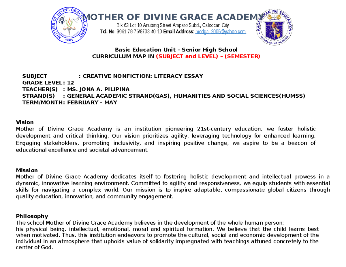 CM-SHS - Curriculum Map - MOTHER OF DIVINE GRACE ACADEMY Blk 63 Lot 10 ...