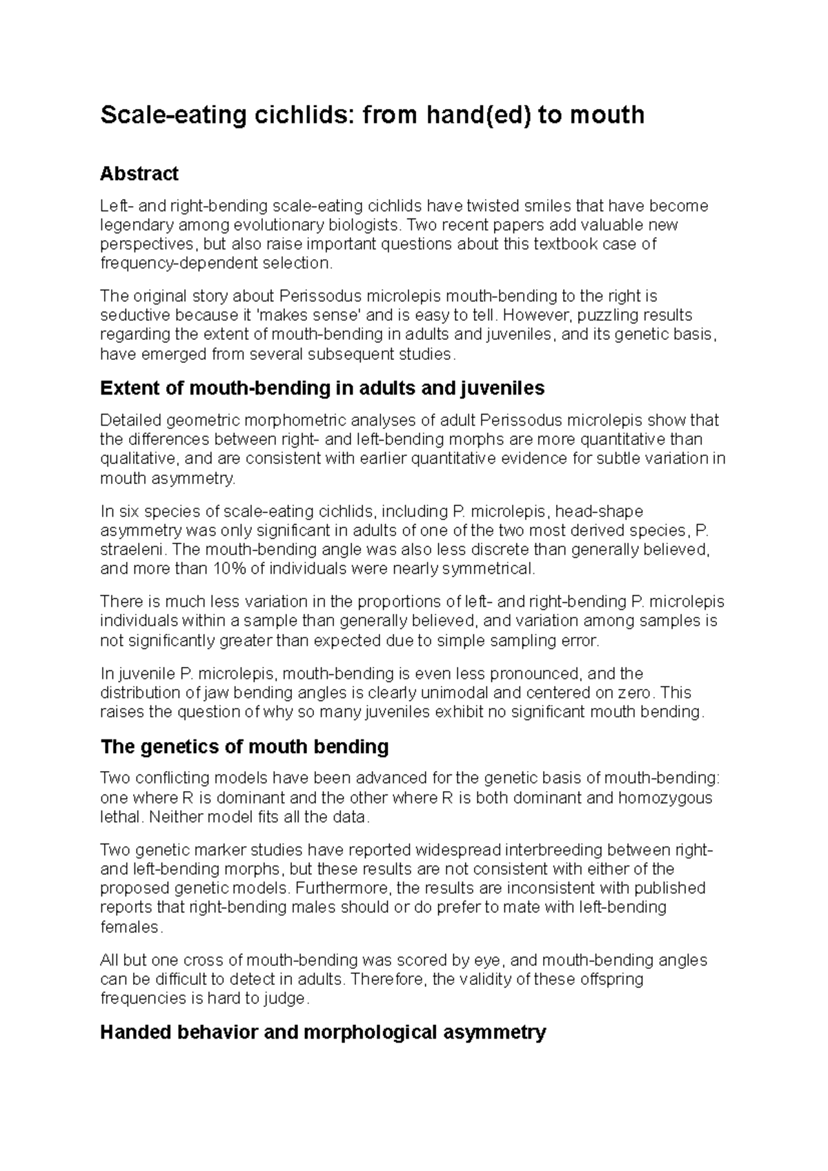 Scale-eating cichlids from hand(ed) to mouth - Scale-eating cichlids ...