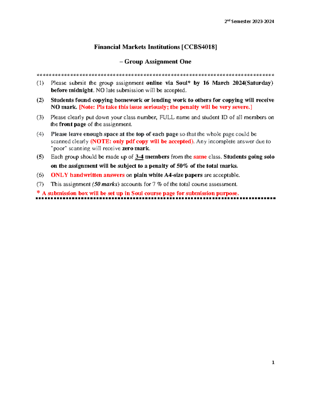 FMI 2024 Group Assignment 1 - 2 nd Semester 2023 - 2024 1 Financial Markets Institutions ...
