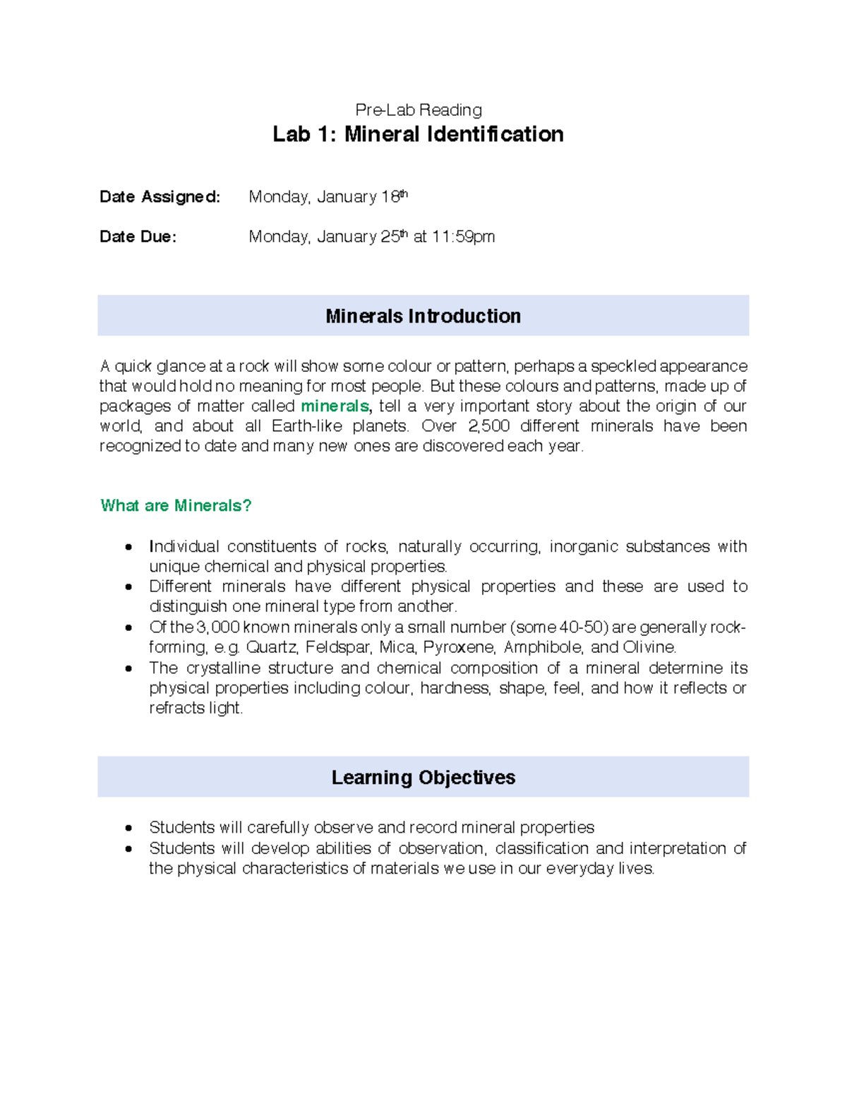 Pre-Lab Reading - Lab 1 - How to Identify Minerals - Pre-Lab Reading ...