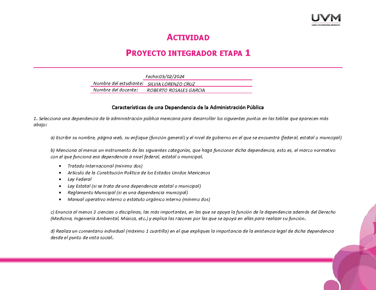 A3 SLC - ACTIVIDAD PROYECTO INTEGRADOR ETAPA 1 Fecha: 05 / 02 / 2024 Nombre del estudiante ...