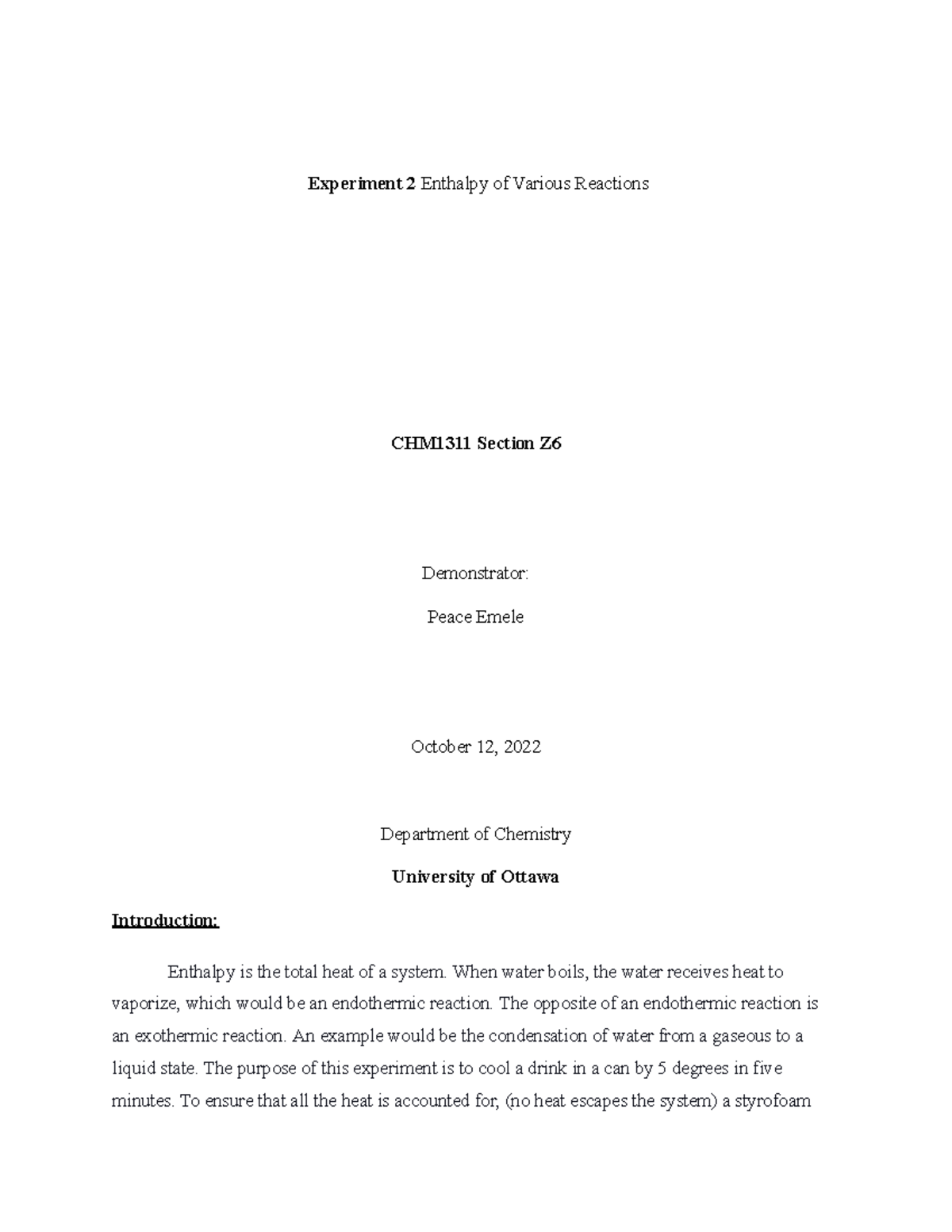 Chem Lab 2 - lab - Experiment 2 Enthalpy of Various Reactions CHM1311 ...