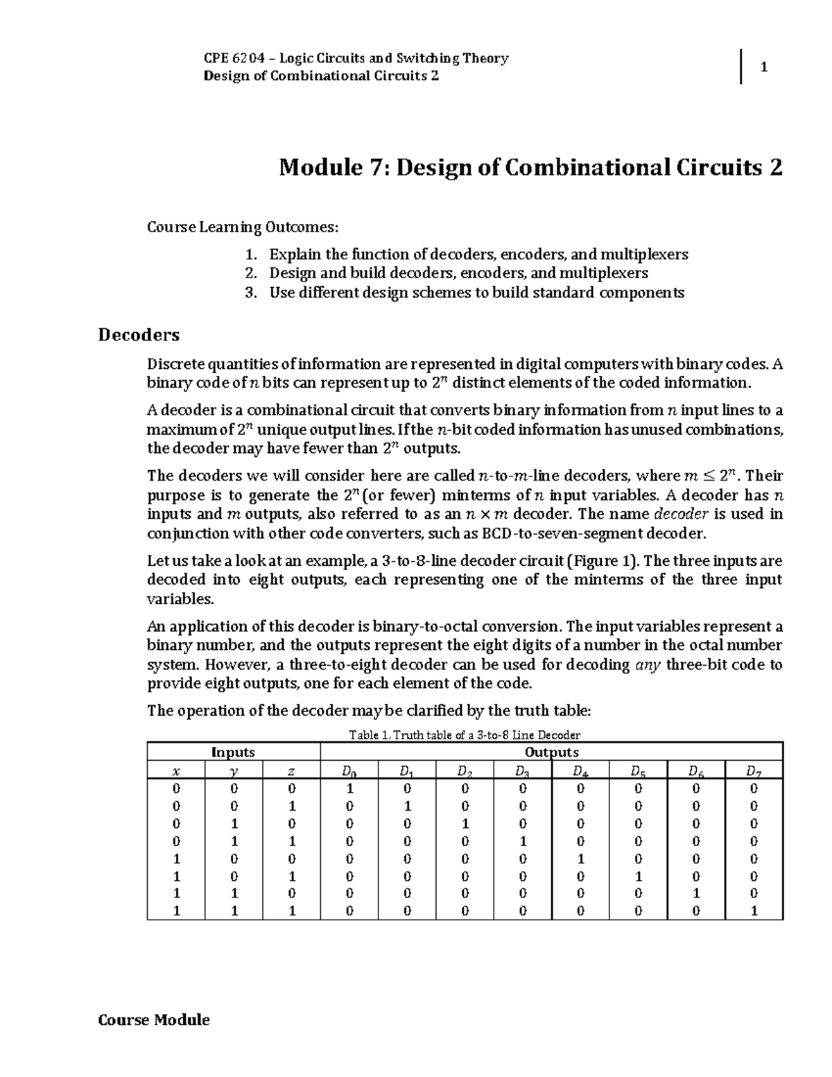 Week 8 Module 7 Design Of Combinational Circuits 2 Cpe 6204 Logic Circuits And Switching