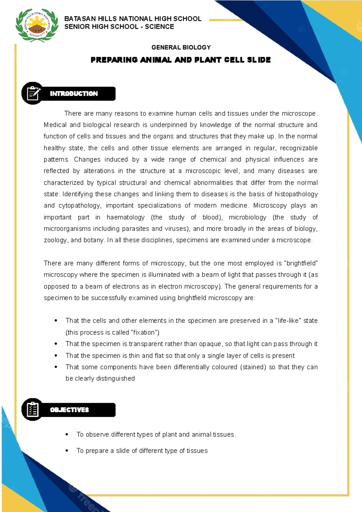 Preparing Animal AND Plant CELL Slide LAB Activity - SENIOR HIGH SCHOOL ...