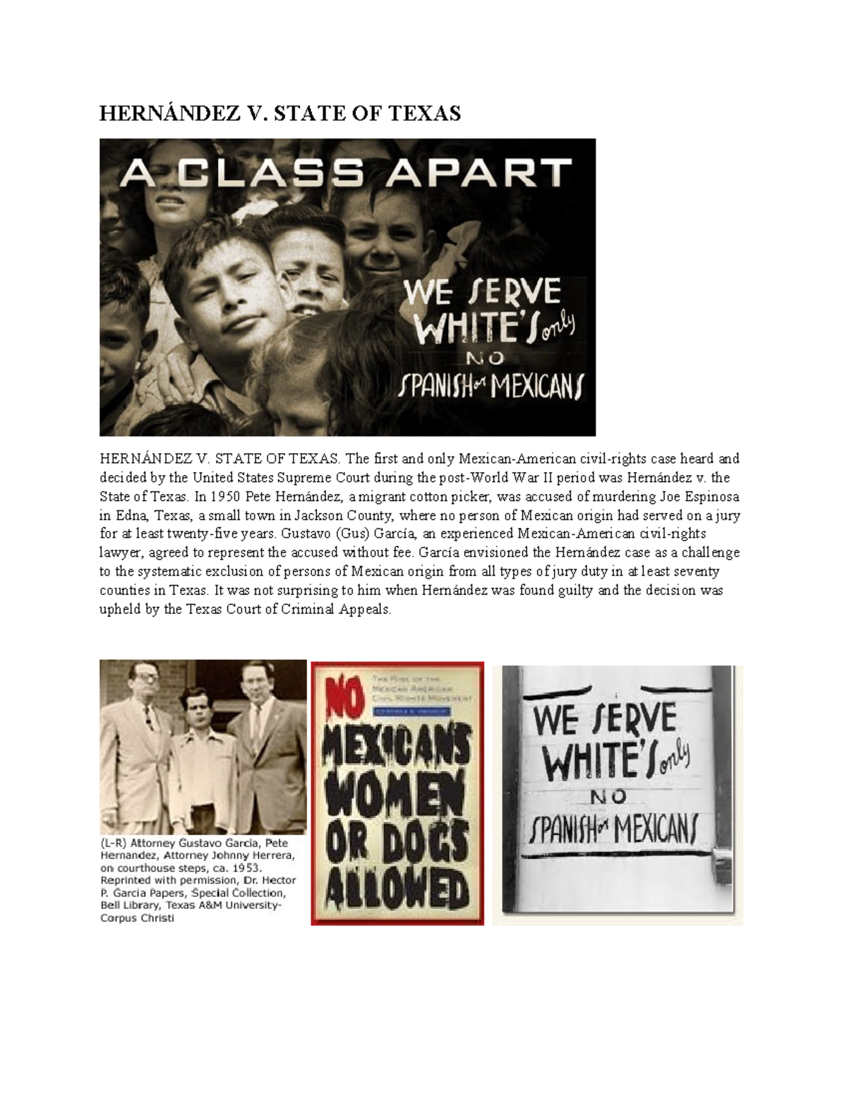 Supreme Court Cases analysis - HERNÁNDEZ V. STATE OF TEXAS HERNÁNDEZ V ...