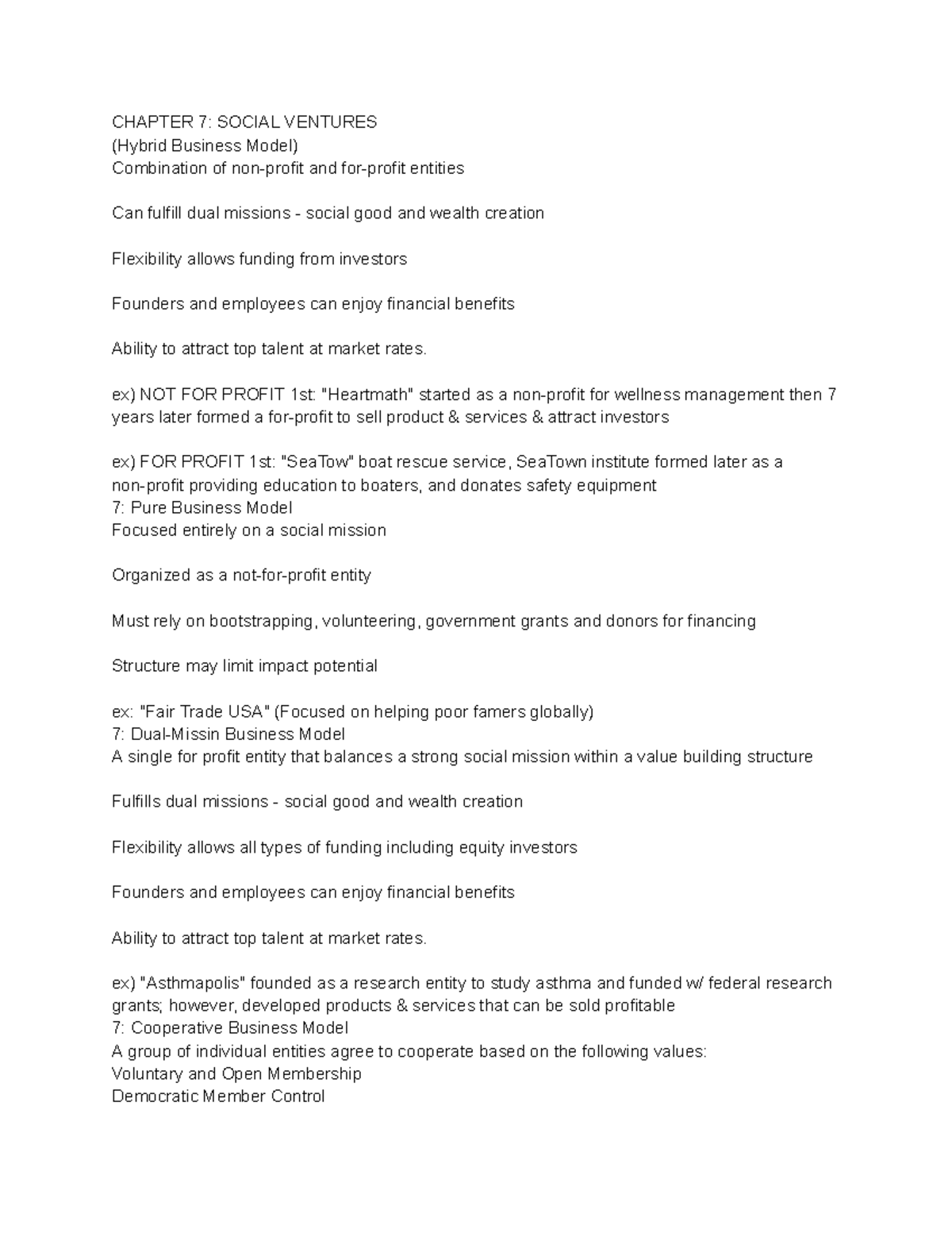 Busi 310 (49) - lecture notes - CHAPTER 7: SOCIAL VENTURES (Hybrid ...