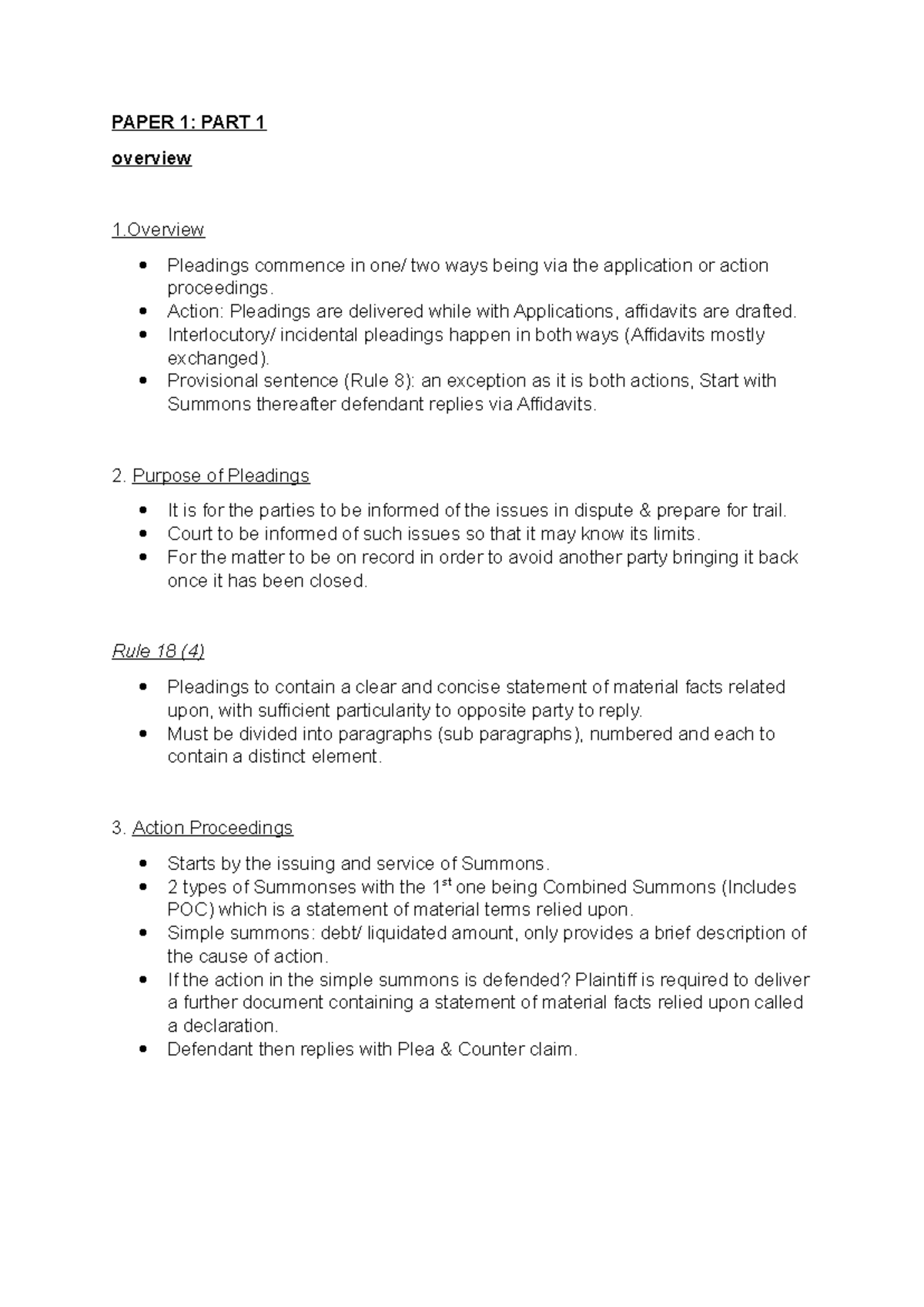 Paper 1 Overview - Will help with High court procedure - PAPER 1: PART ...