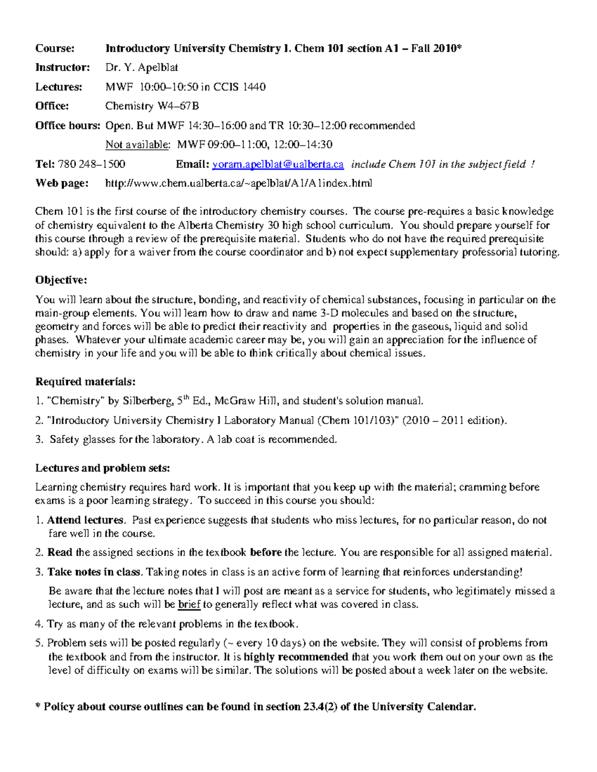 A1syllabus - CHEM 101 Course Overview - Course: Introductory University ...