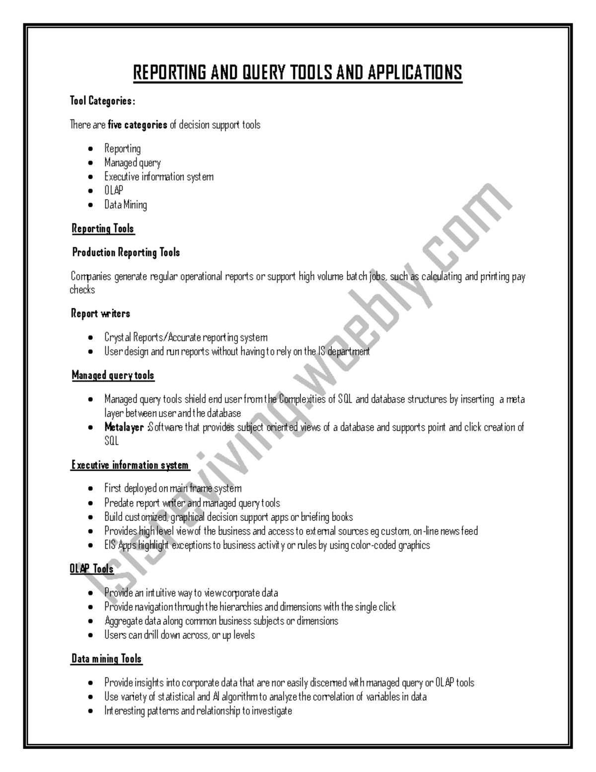Unit ii - a complete reference - REPORTING AND QUERY TOOLS AND APPLICATIONS Tool Categories ...