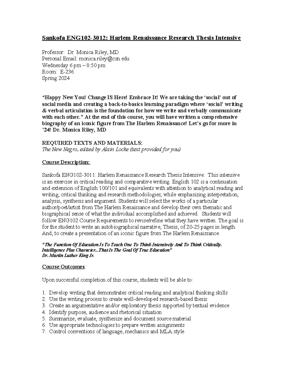 English 102-3012 Spring 2024 - Sankofa ENG102-3012: Harlem Renaissance ...