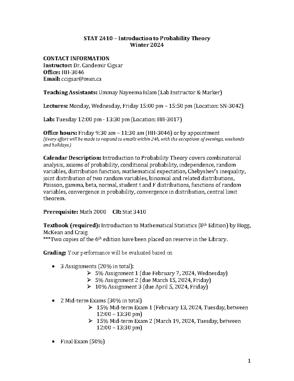STAT2410W24 Outline 2024Jan08 - STAT 2410 – Introduction to Probability ...