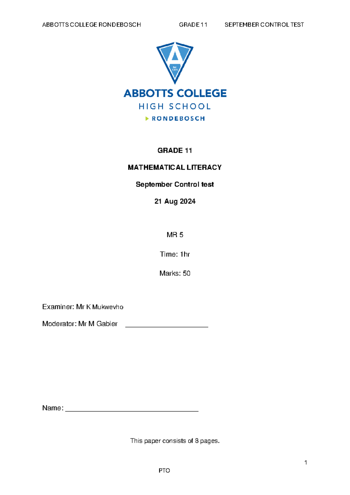 Grade 11 Control test - test - 1 GRADE 11 MATHEMATICAL LITERACY ...