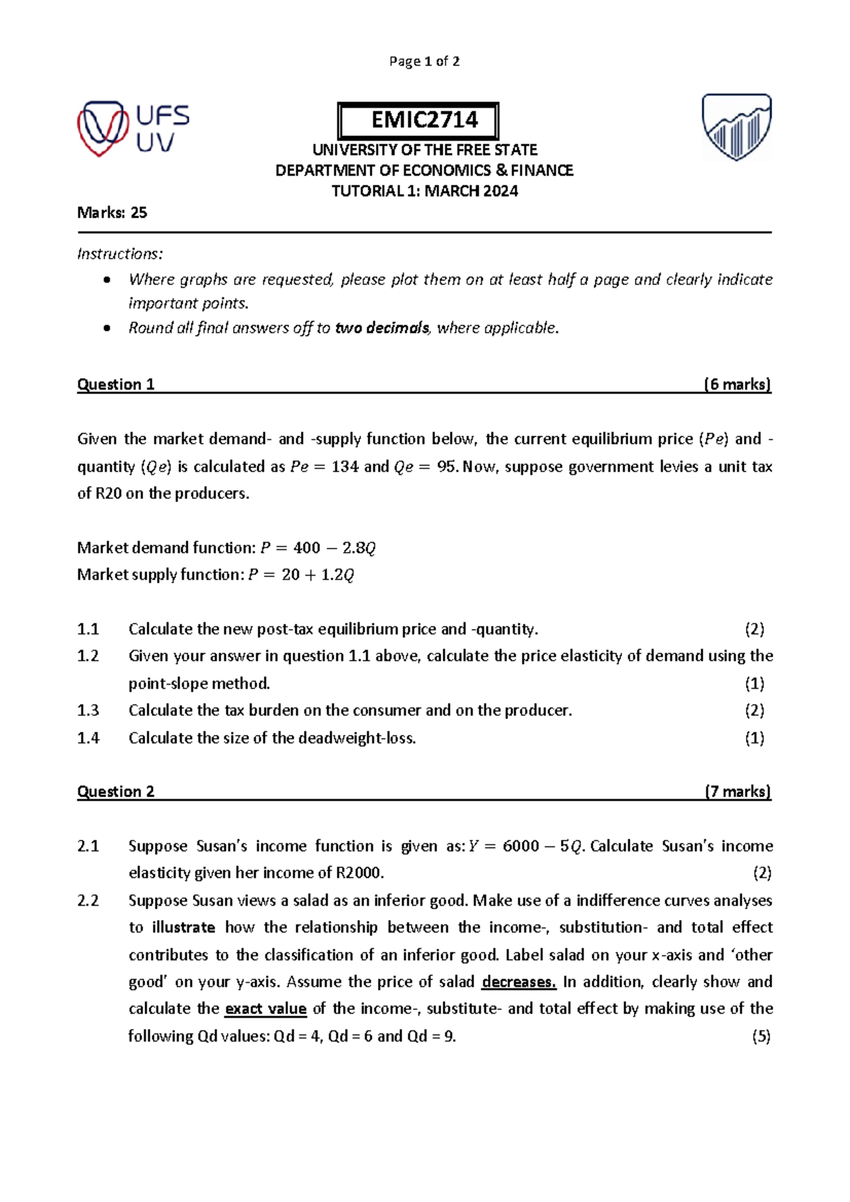 Tutorial 1 2024 - Page 1 of 2 EMIC UNIVERSITY OF THE FREE STATE ...