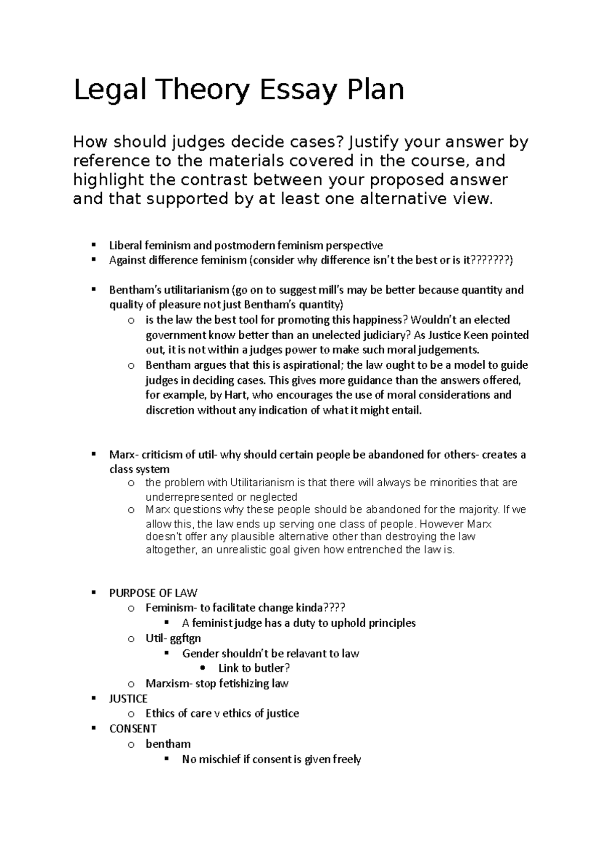 Exam Essay Plan - Legal Theory Essay Plan How should judges decide cases? Justify your answer by ...