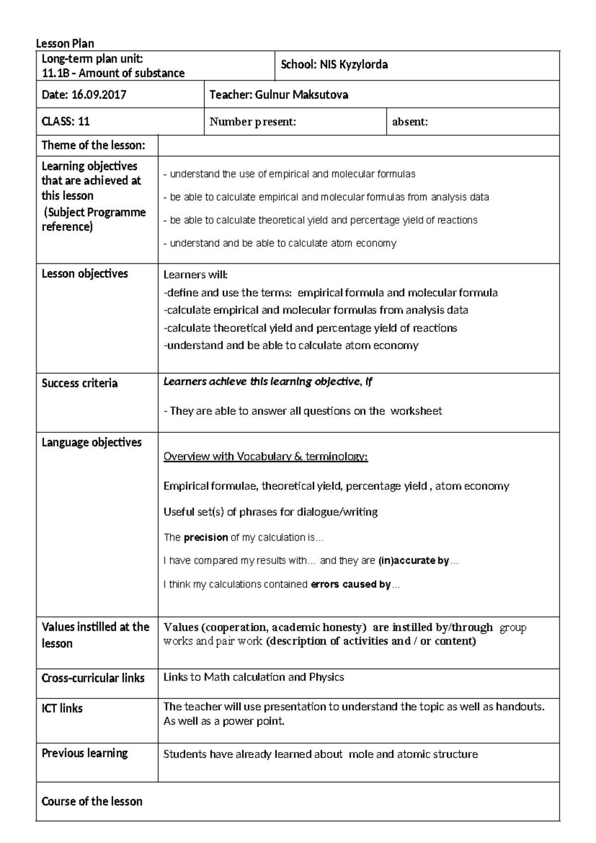 Lesson PLAN empitical formulae - Lesson Plan Long-term plan unit: 11 ...