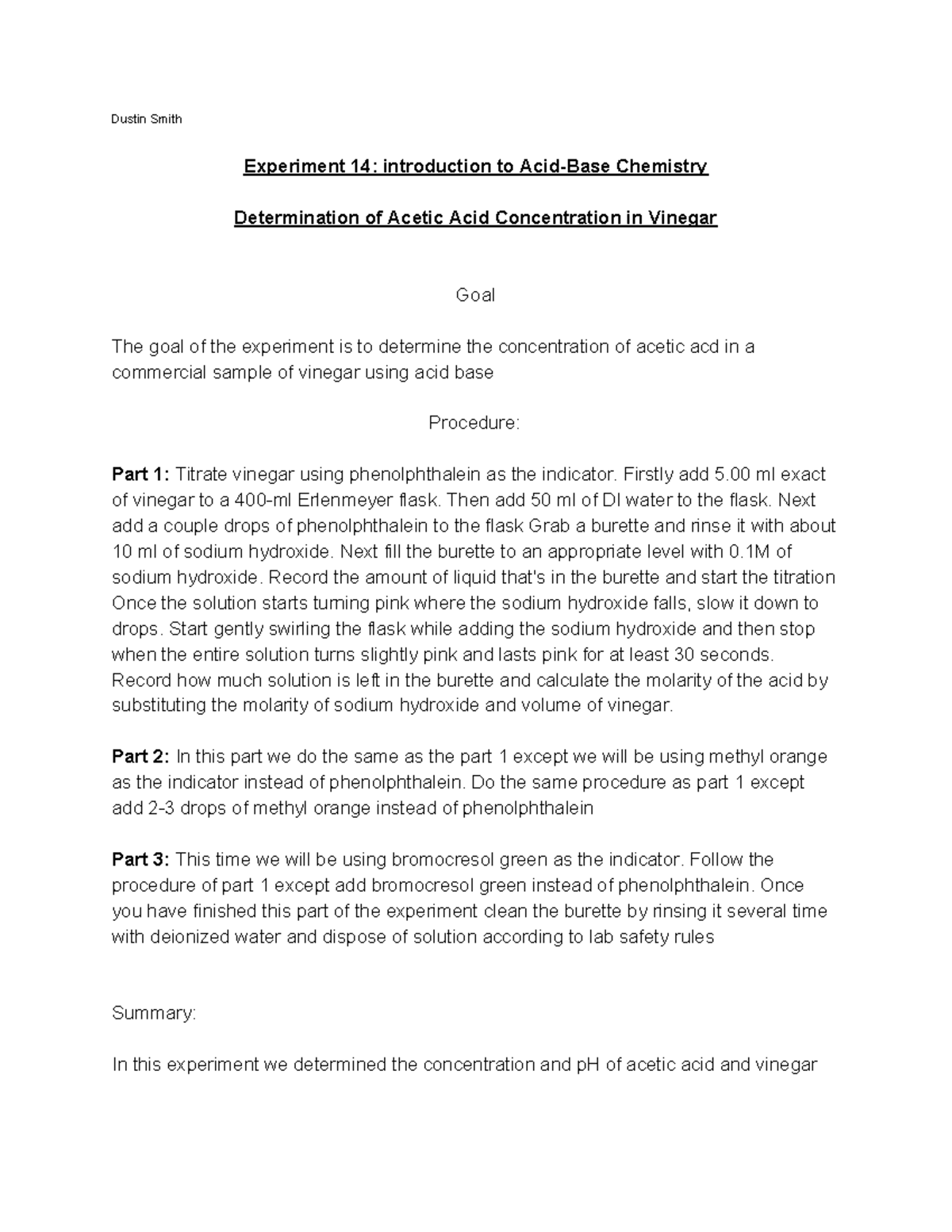 Lab#4 Experiment 14 Procedure - Dustin Smith Experiment 14 ...