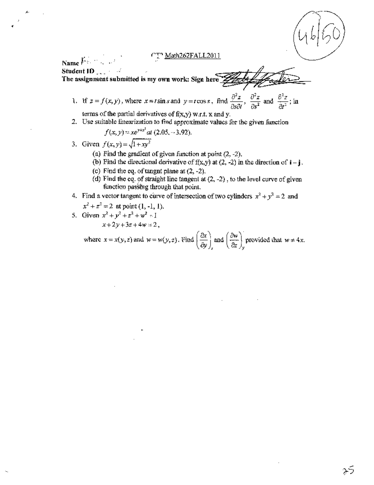 MATH 262 Assignment F 2011 - Math262FALL2011 Name F Student ID , i ...