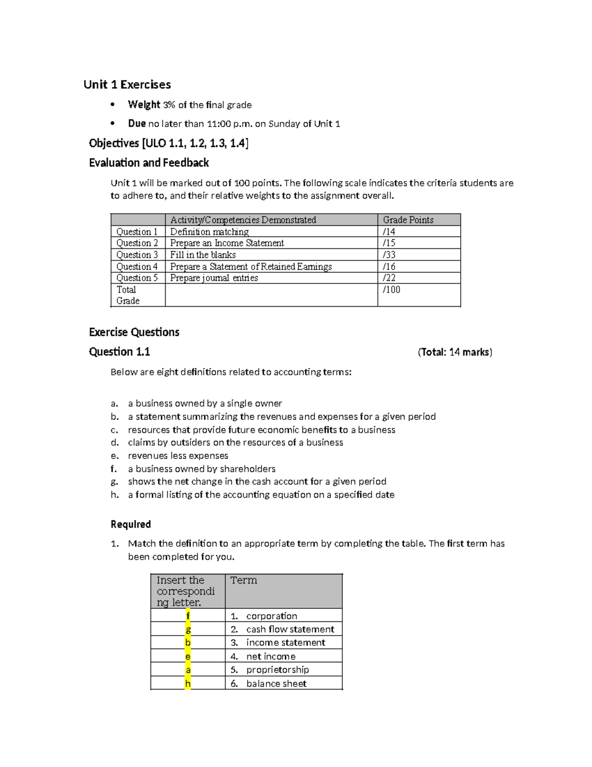 Unit 1 Exercises - Unit 1 Exercises Weight 3% of the final grade Due no ...