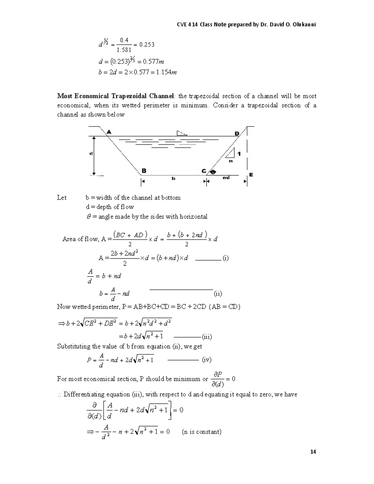Optimum dimensions of trapezoidal channels and cost analysis - Studocu