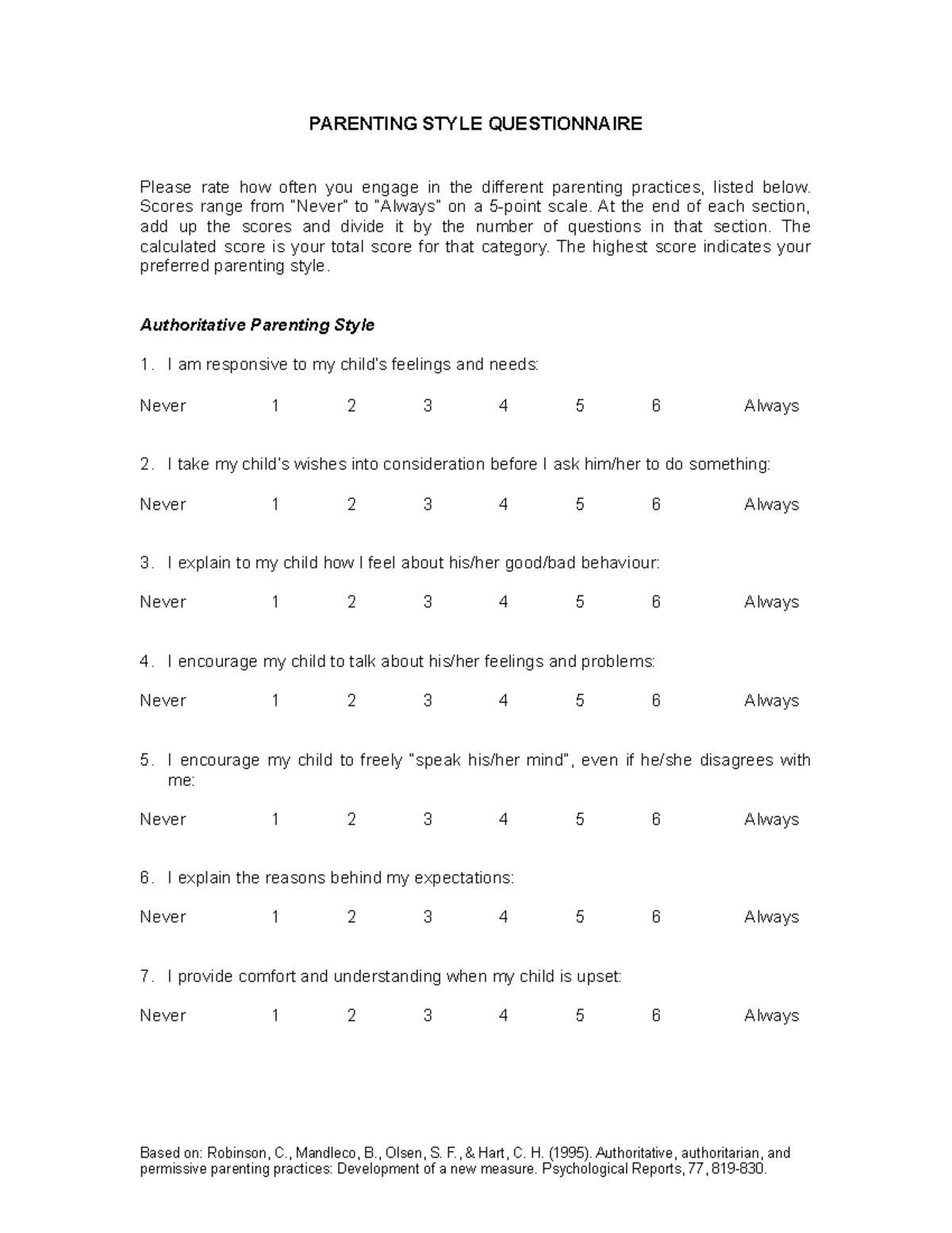 Parenting Style Questionnaire - PARENTING STYLE QUESTIONNAIRE Please ...