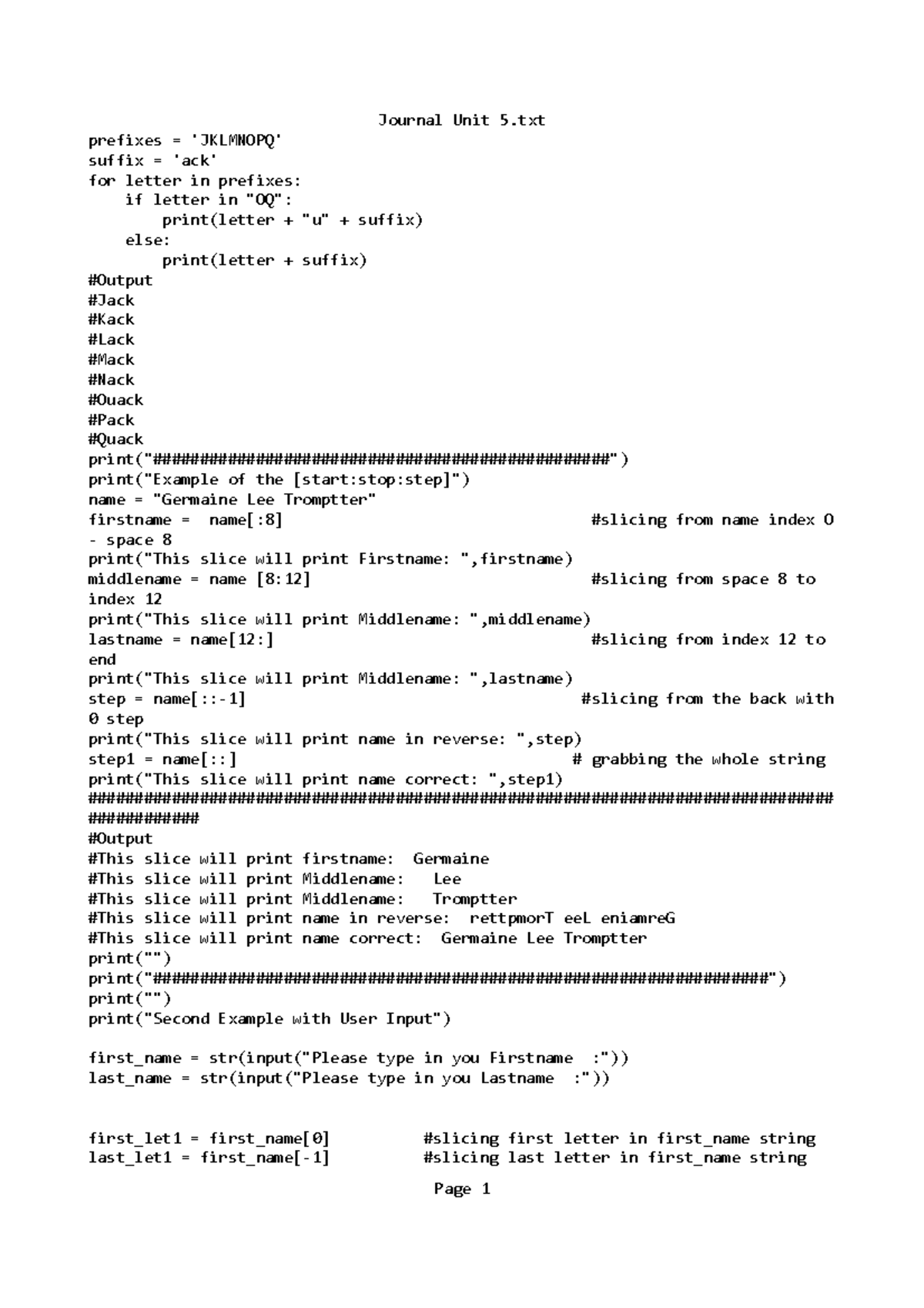 Cs 1101 Journal Unit 5 - Journal Unit 5 prefixes = 'JKLMNOPQ' suffix ...