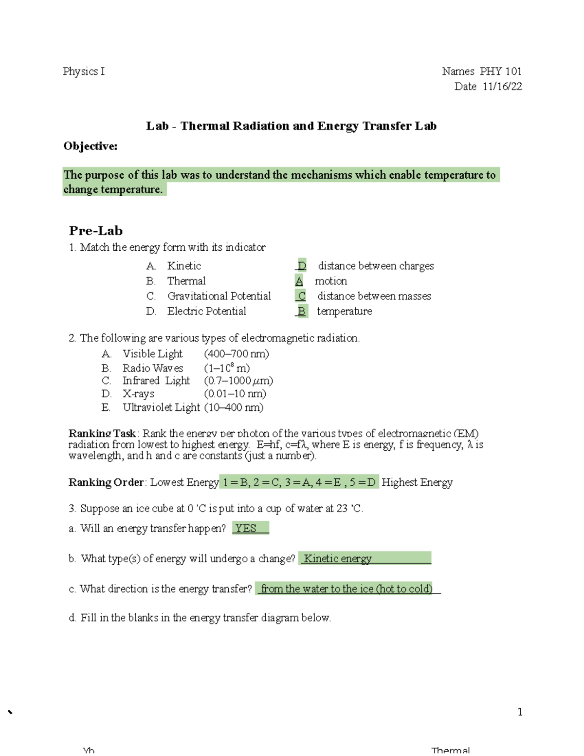Copy of Lab 10 Thermal Energy - Physics I Names PHY 101Date 11/16/ Lab ...