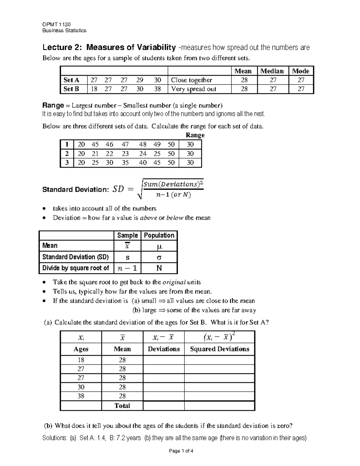 Lecture 2 notes and handout - Business Statistics Lecture 2: Measures ...