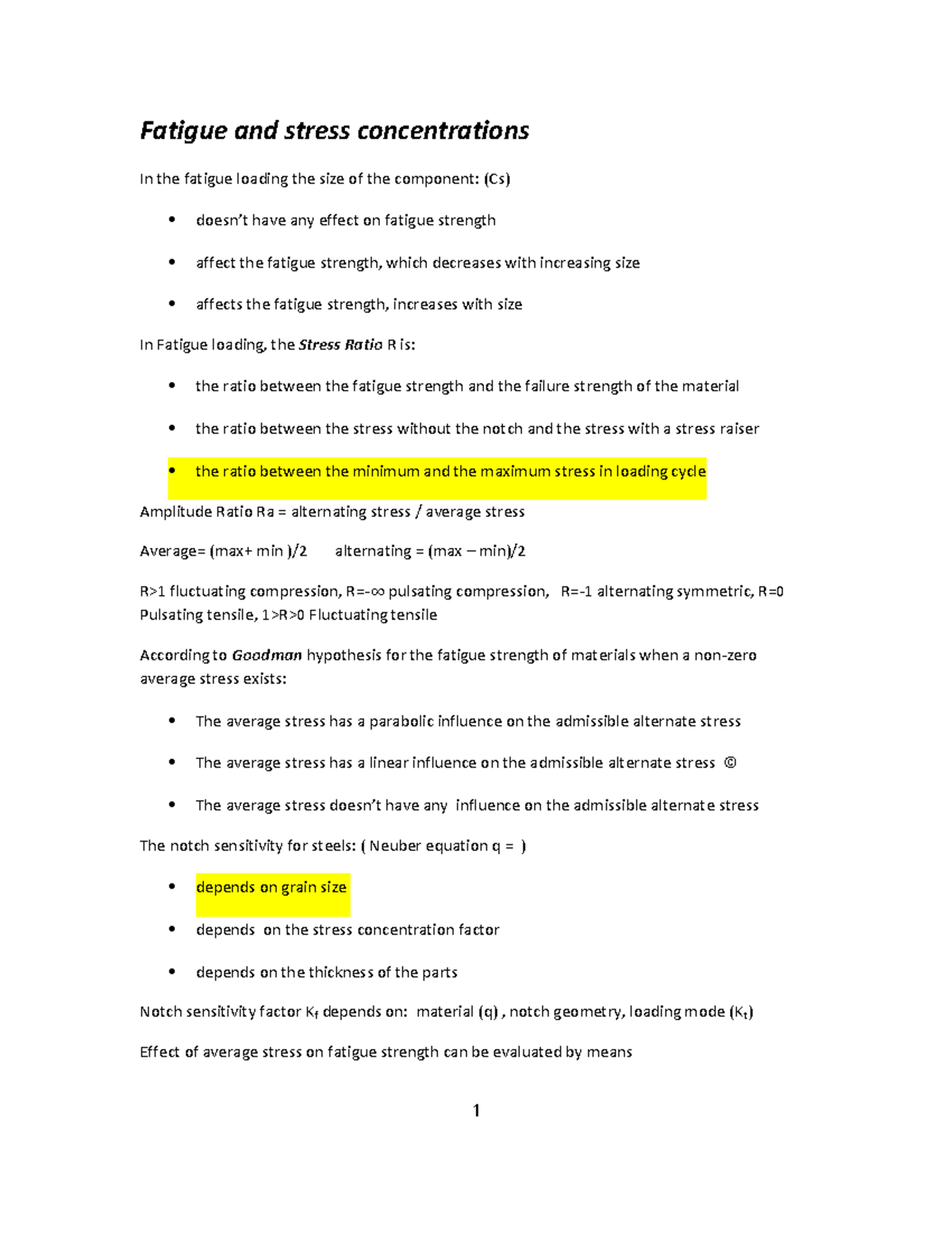 Exam Multiple Choice questions - Fatigue and stress concentrations In ...
